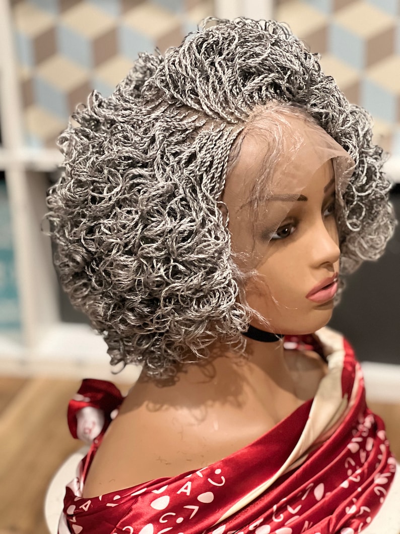 Elegantwigs Gray Braided Micro Curly Twist Wig Made on a Full Lace Lace ...