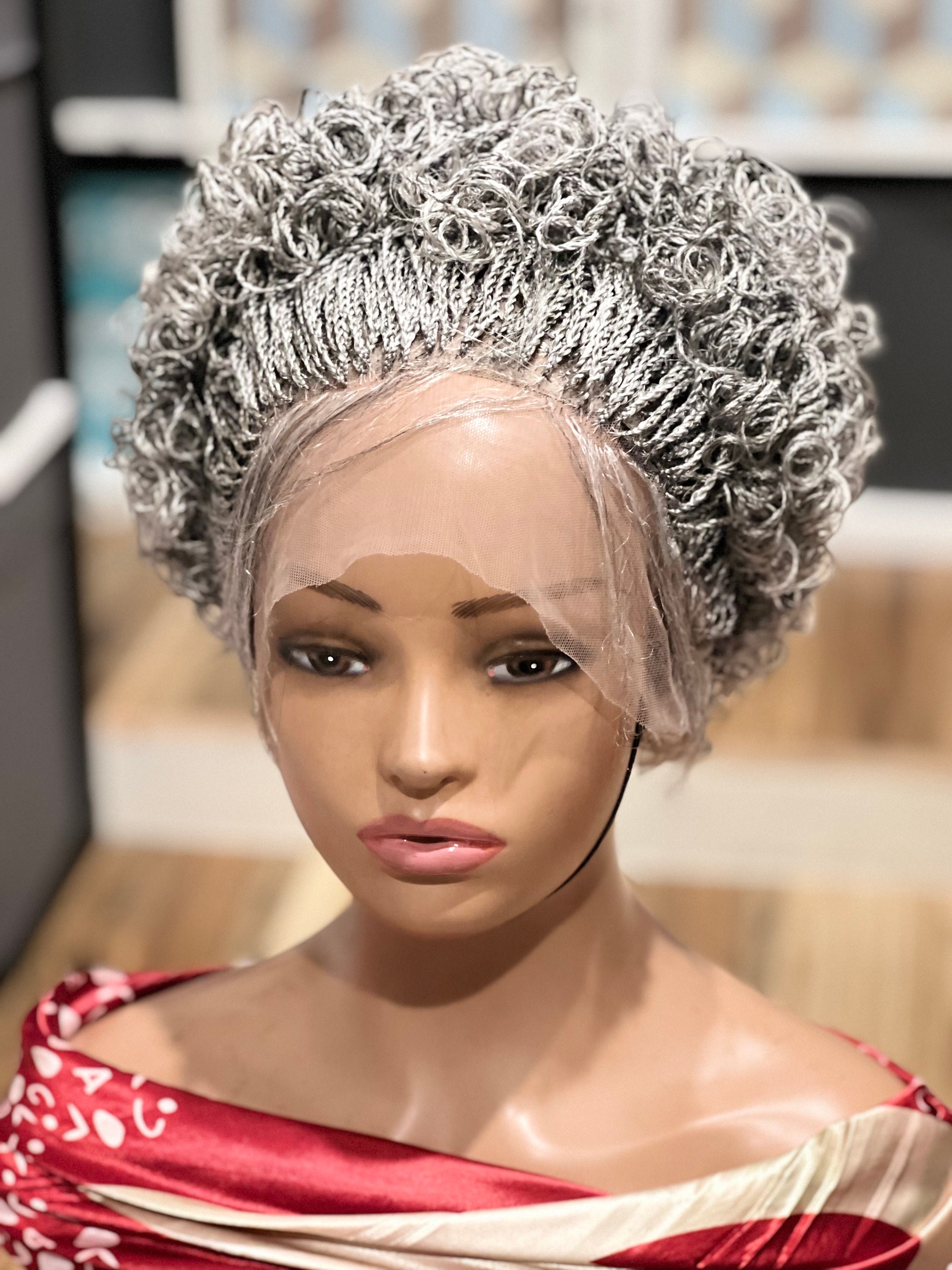 Elegantwigs Gray Braided Micro Curly Twist Wig Made on a Full Lace Lace Wig. Color Gray. Length ...