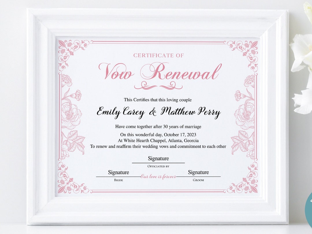 Vow Renewal Certificate, Printable Certificate of Vow Renewal, Editable ...