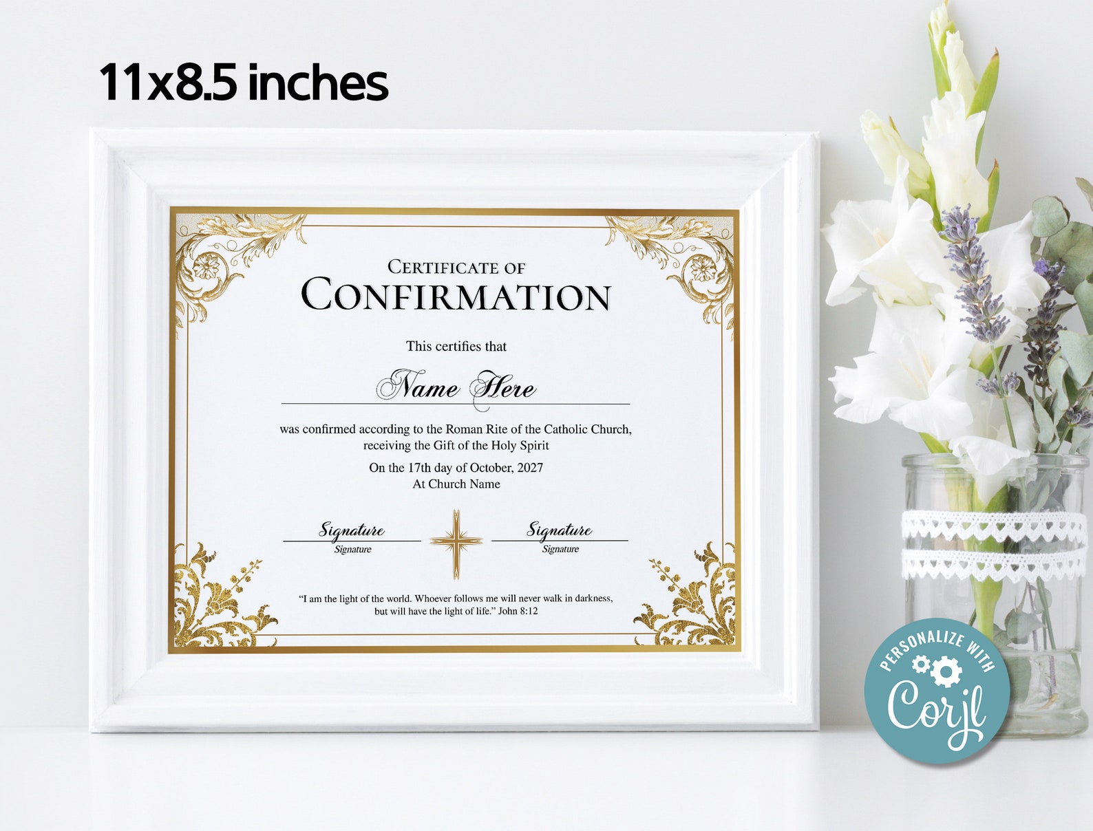 Elegant Confirmation Certificate Template, Church Certificate, 11x8.5 Printable Editable ...