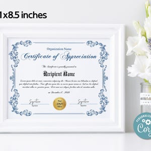 11x8.5 Appreciation Certificate Template, Blue Certificate of ...