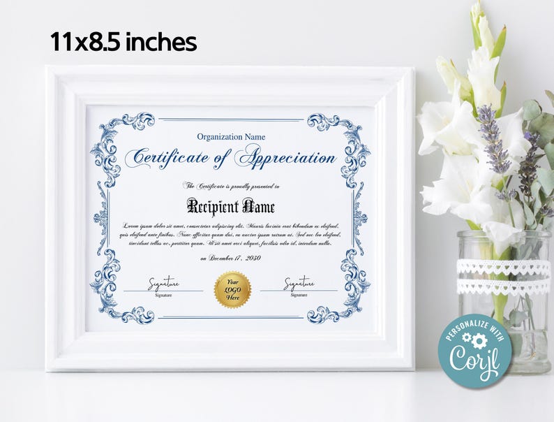 11x8.5 Appreciation Certificate Template, Blue Certificate of ...