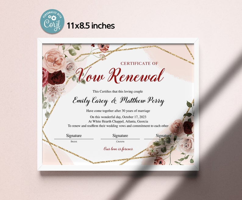 Vow Renewal Certificate Template Editable Printable Wedding - Etsy
