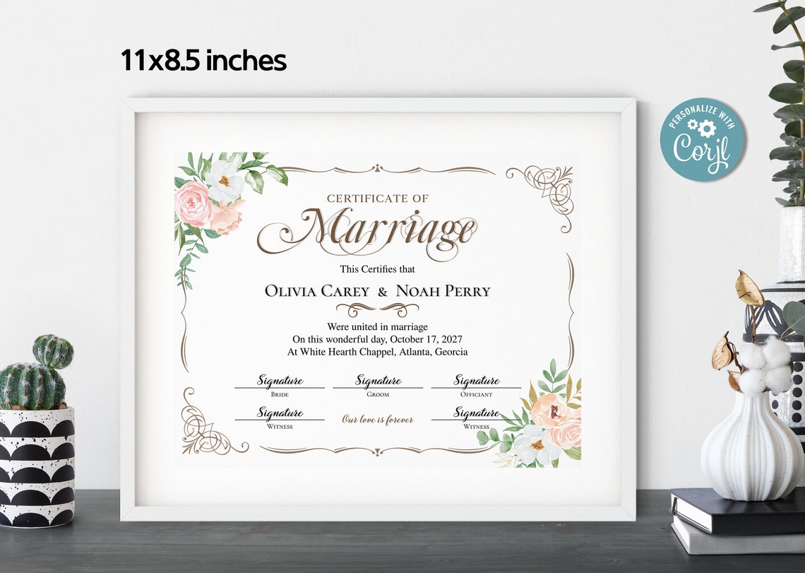 Certificate of Marriage Template, Floral Wedding Certificate, Editable ...