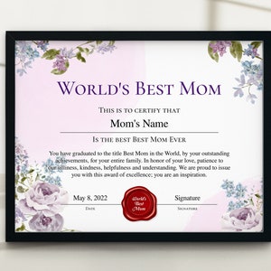 Best Mom Mother's Day Award Certificate Template, Personalized Gift for ...