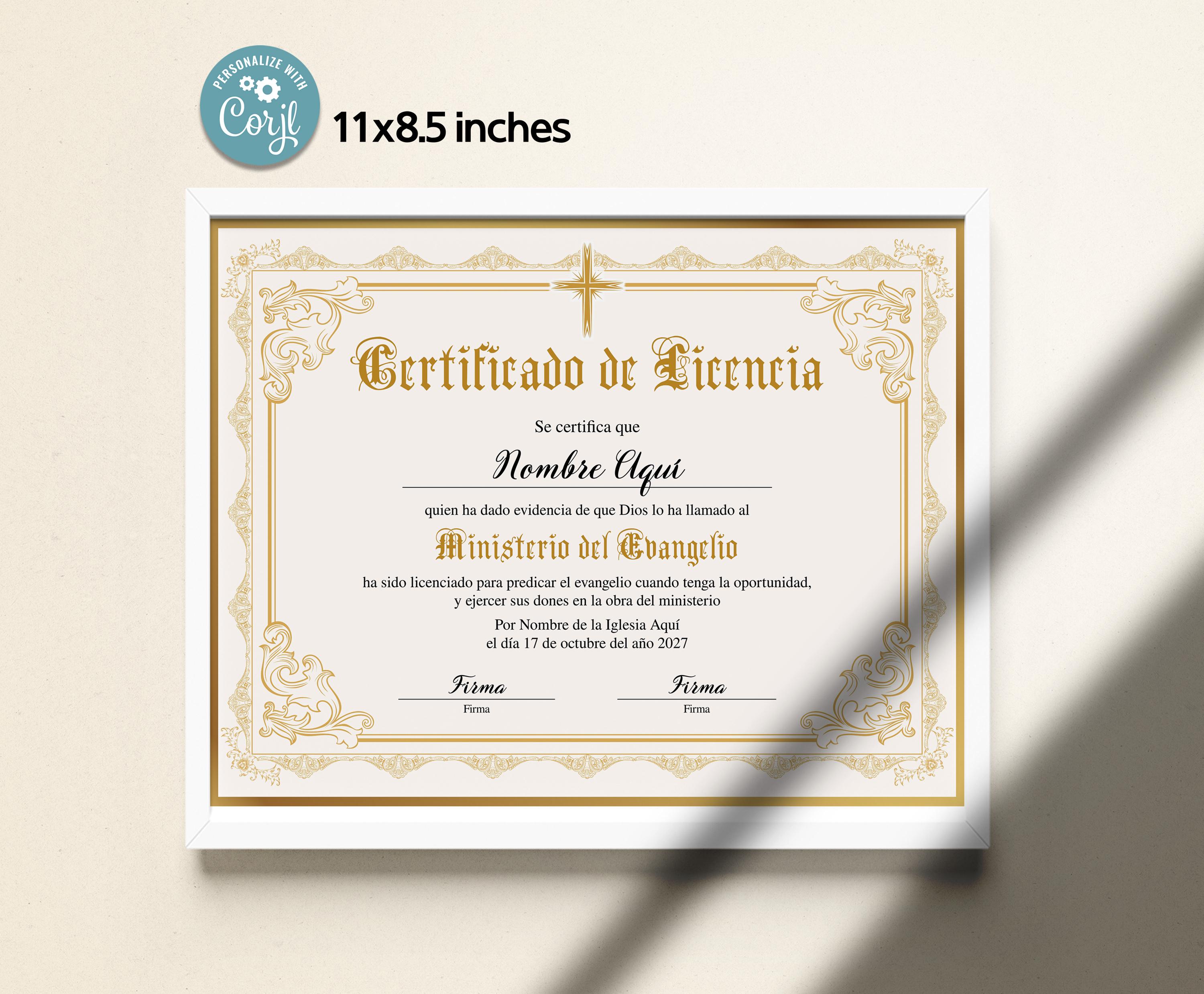 Spanish Gospel Ministry Certificate of License Template, Spanish ...