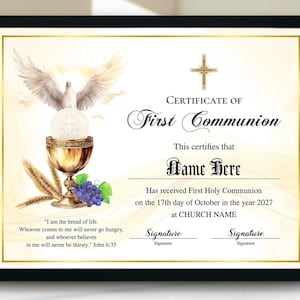 First Holy Communion Certificate Template, First Communion Gift, Church ...