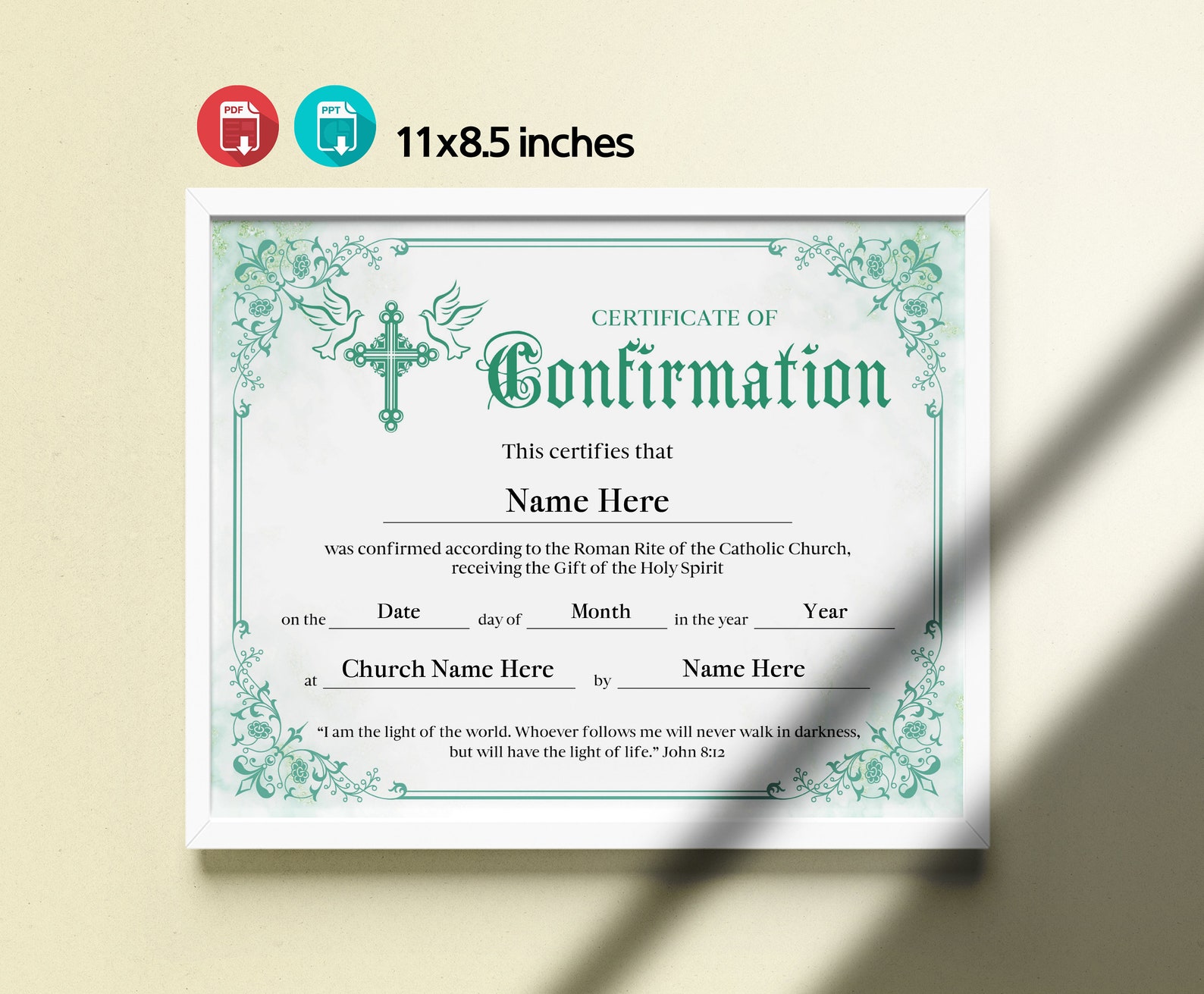 11x8.5 Confirmation Certificate, PPT, PDF Editable and Printable Green ...
