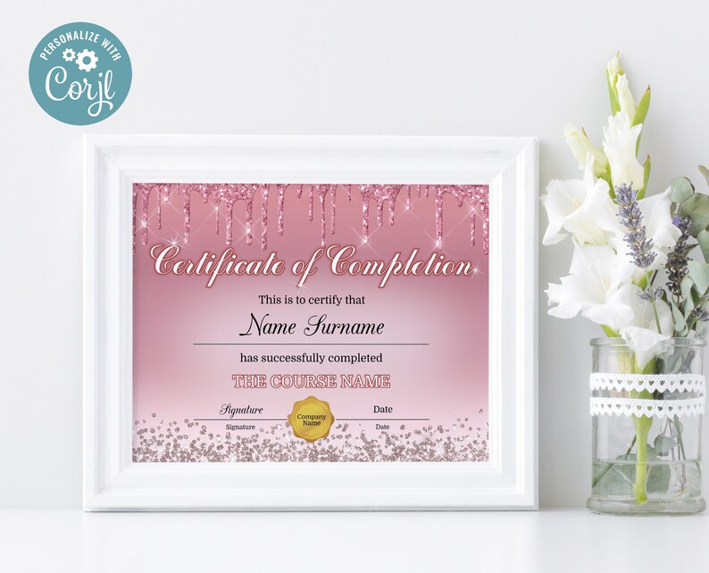 Pink Sparkle Glitter Certificate of Completion, Lash Extension ...