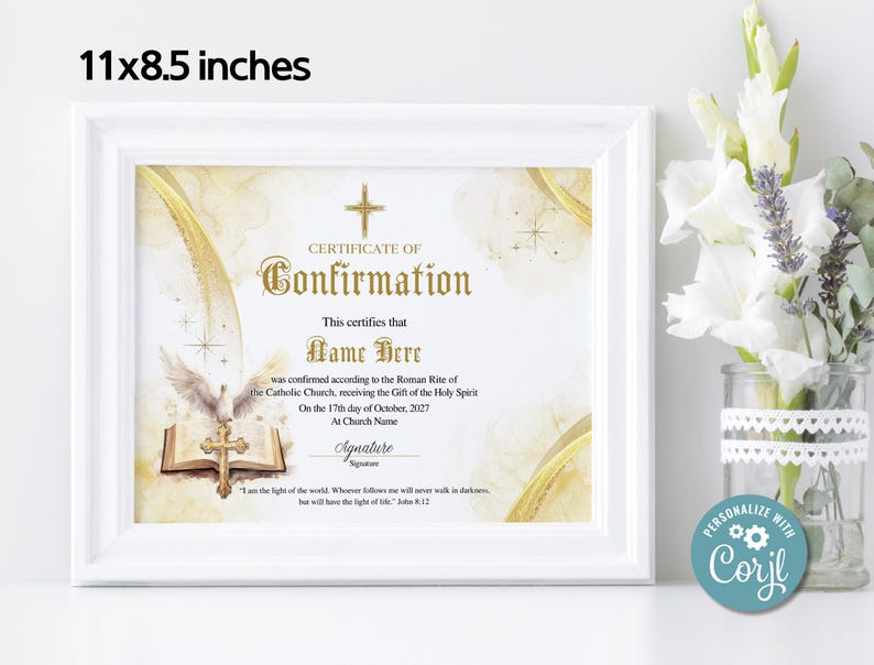 Gold Certificate of Confirmation, 11x8.5 Confirmation Certificate Template, Printable Church ...