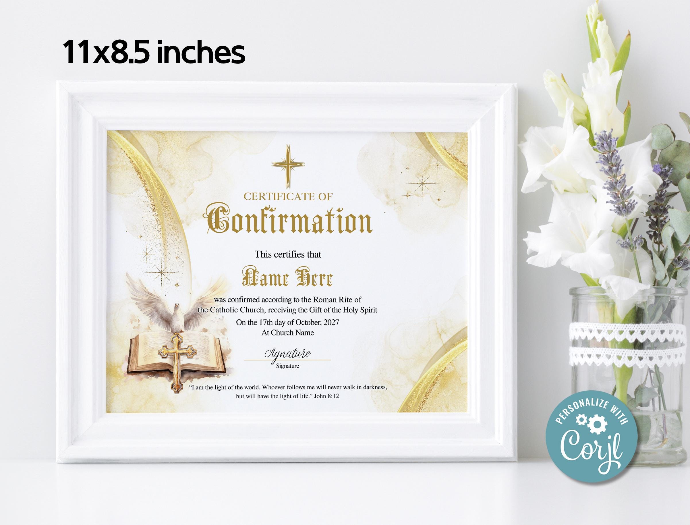Gold Certificate of Confirmation, 11x8.5 Confirmation Certificate Template, Printable Church ...