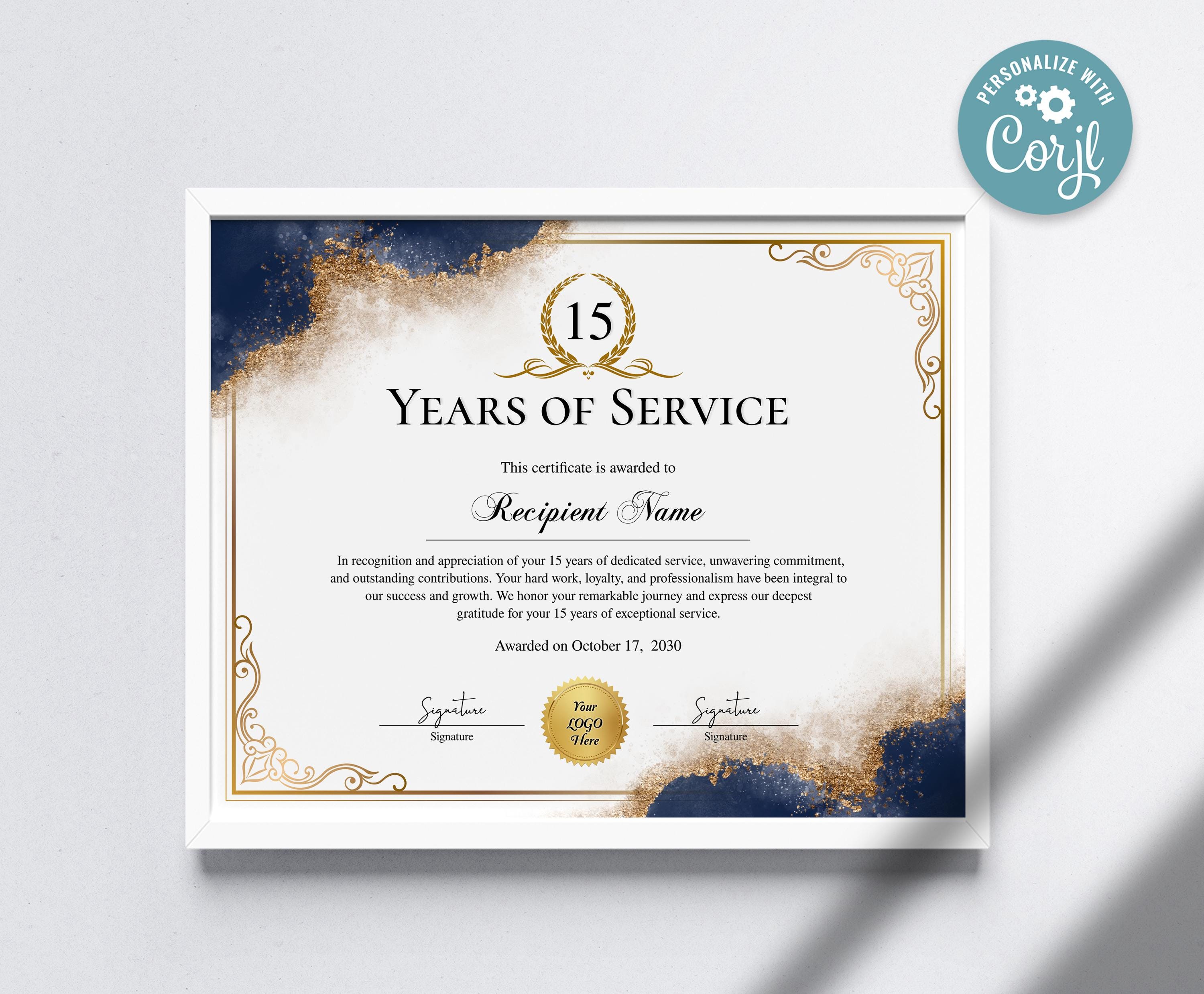 15 Years of Service Anniversary Award, Employee Recognition Editable ...