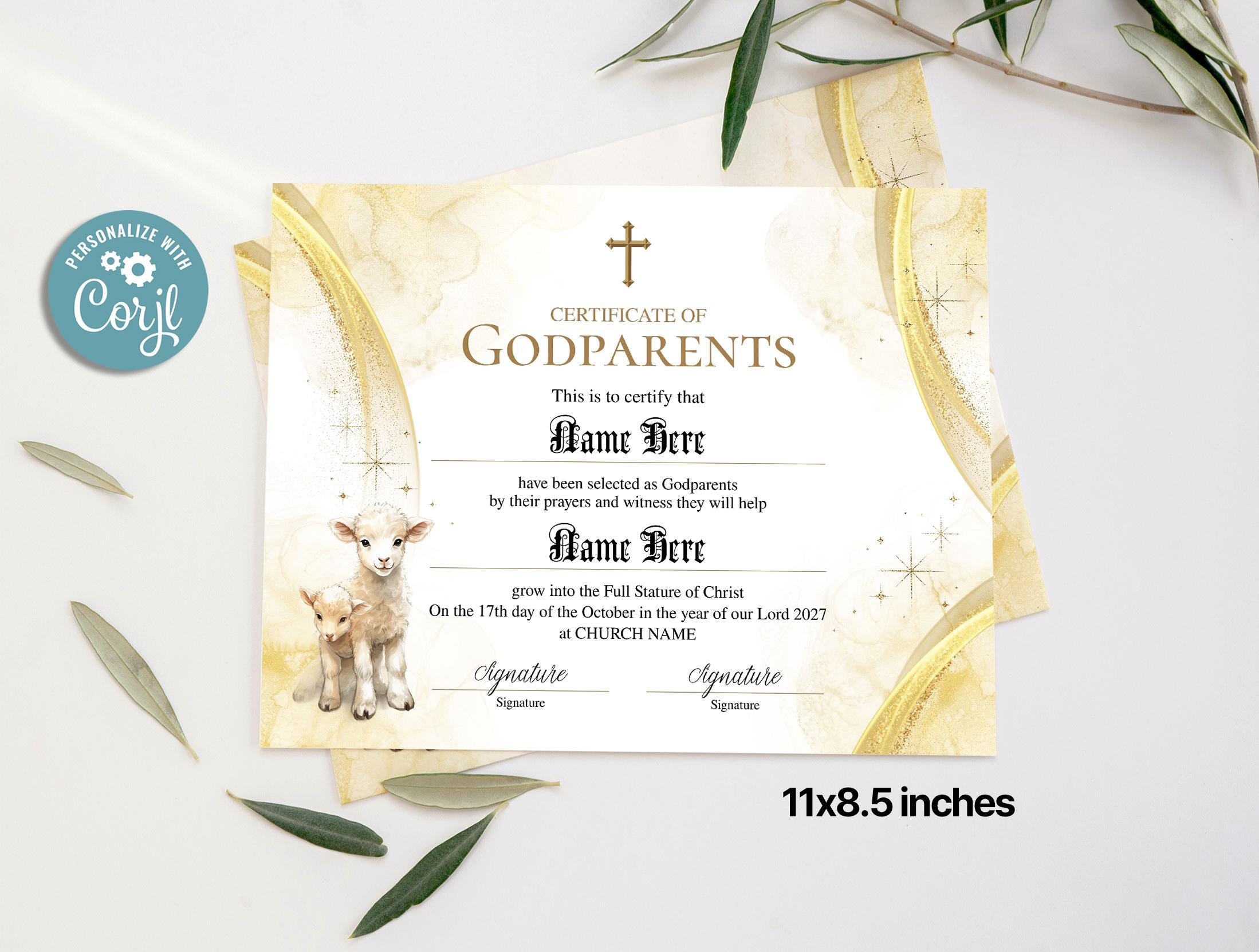 Gold Godparents Certificate Template, Printable Editable Godparents ...