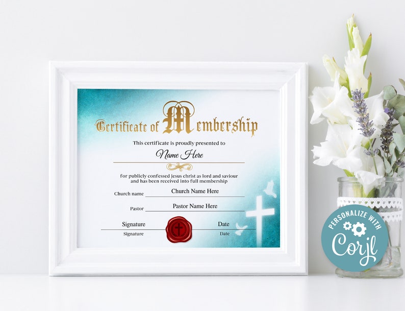 Church Membership Certificate, 11x8.5 Printable Certificate of ...