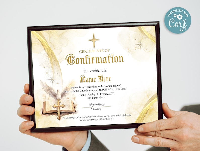 Gold Certificate of Confirmation, 11x8.5 Confirmation Certificate Template, Printable Church ...