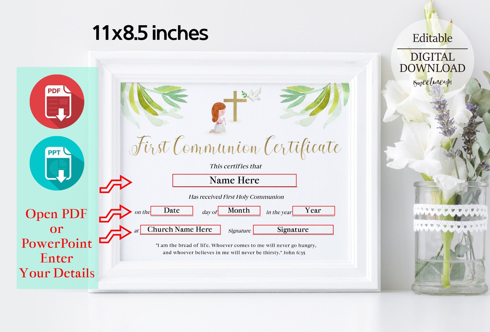 11x8.5 First Communion Certificate Template, Editable Printable First ...