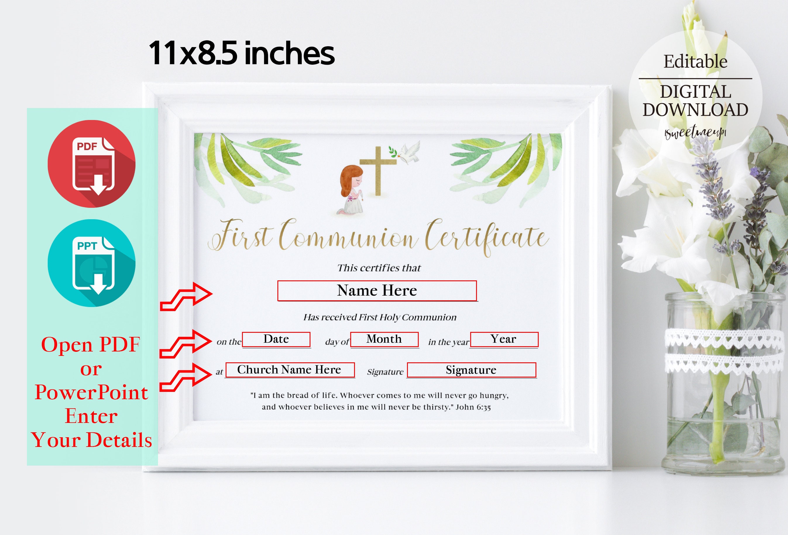 11x8.5 First Communion Certificate Template, Editable Printable First ...