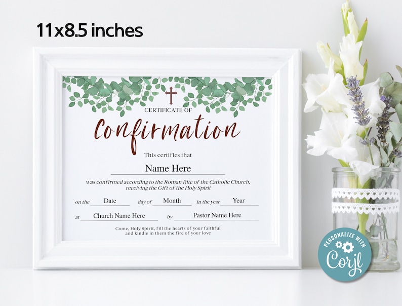 Confirmation Certificate, 11x8.5 Catholic Confirmation Certificate ...
