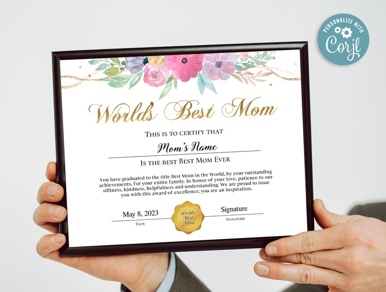 Editable Best Mom Certificate Template Customizable Gift for - Etsy