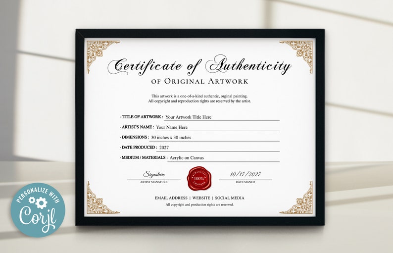 Editable Certificate of Authenticity, Printable Certificate of ...