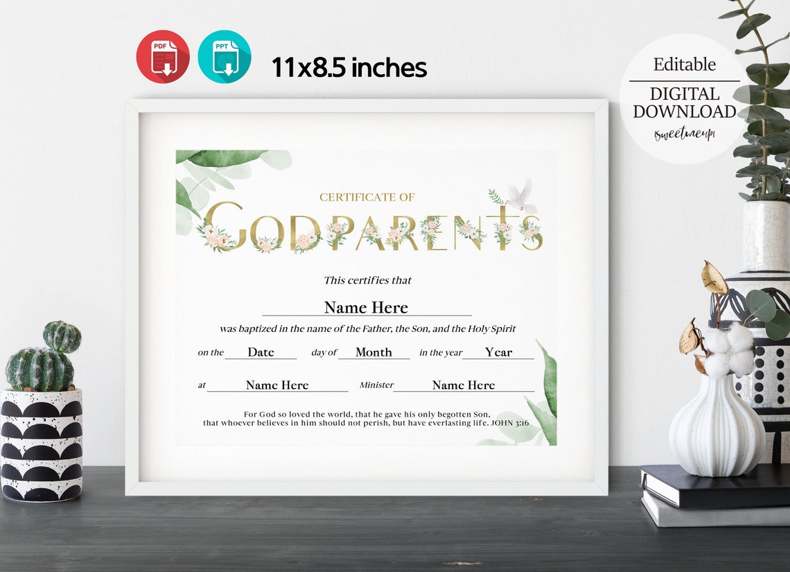 Baptism Godparents Certificate Template, PDF, PPT, Editable, Printable ...
