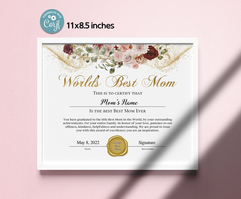 Editable Best Mom Certificate Template Customizable Gift for - Etsy
