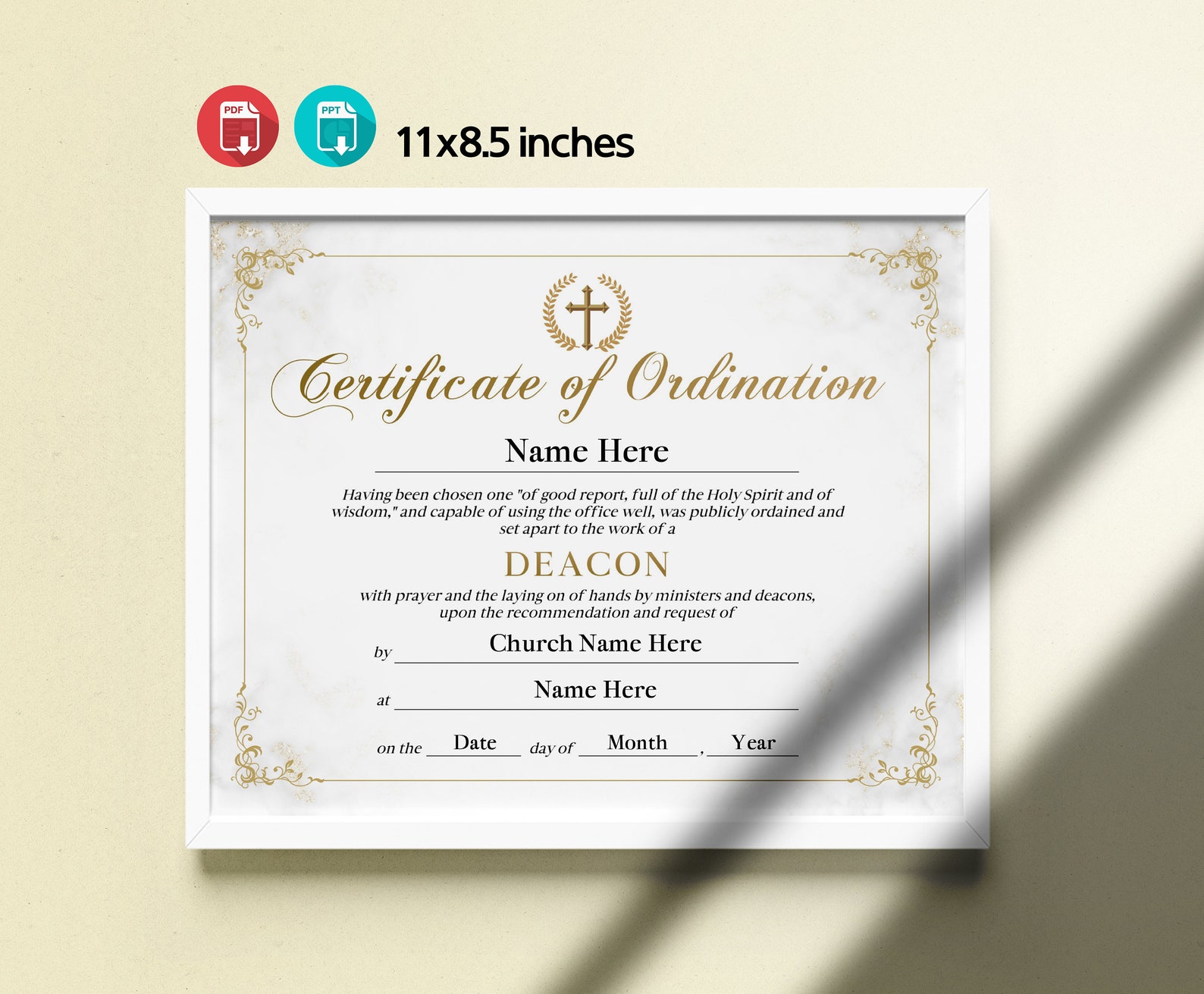 11x8.5 Certificate of Ordination, Deacon Ordination Certificate ...
