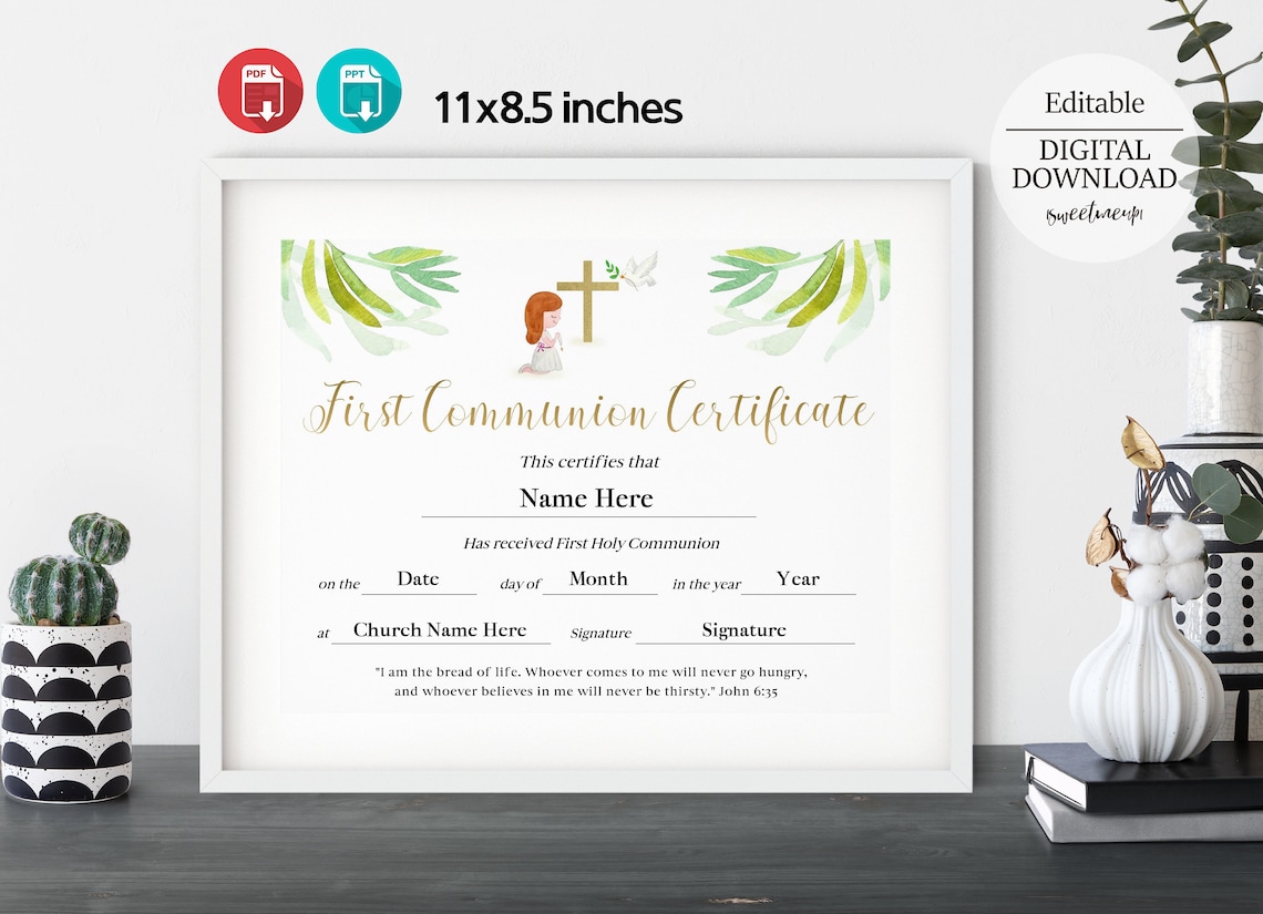 11x8.5 First Communion Certificate Template, Editable Printable First ...