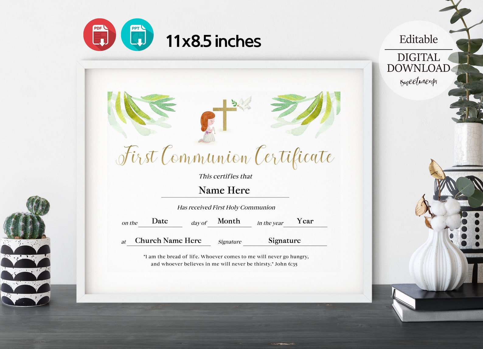 11x8.5 First Communion Certificate Template, Editable Printable First ...
