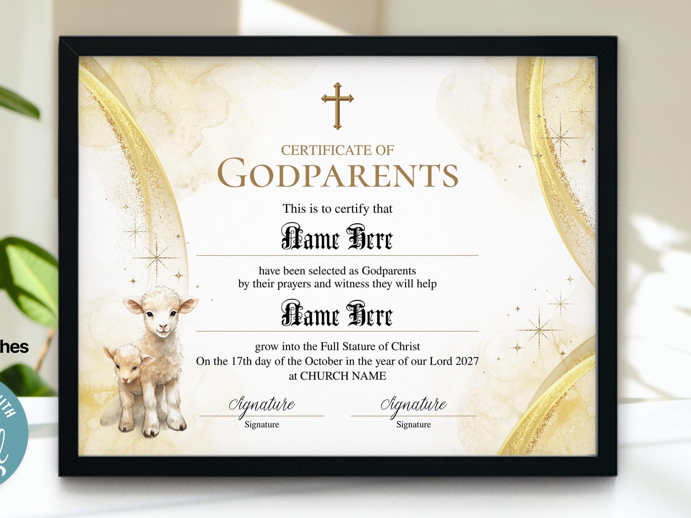 Gold Godparents Certificate Template, Printable Editable Godparents ...