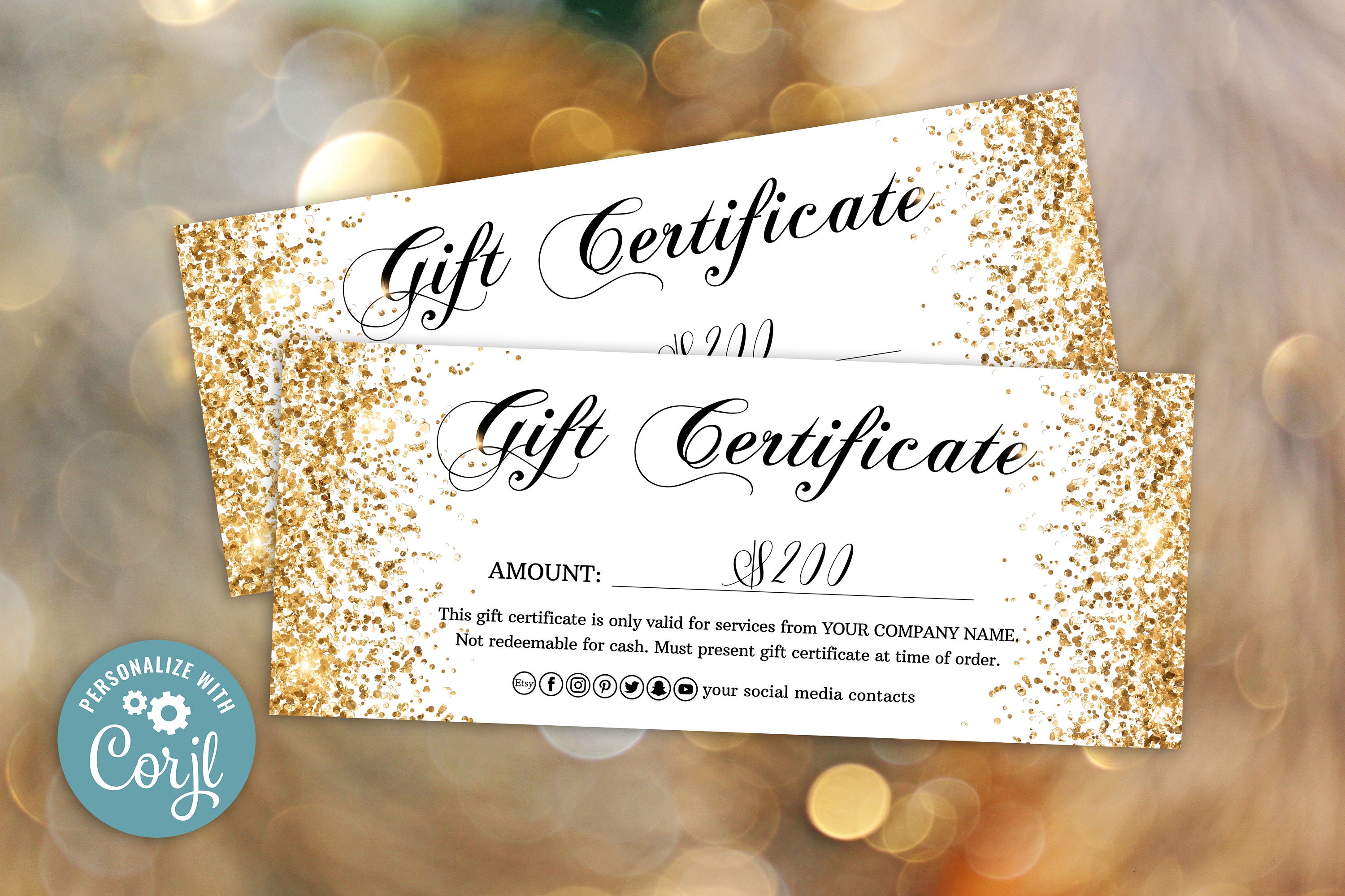 Gold Glitter Gift Certificate Template, Holiday Printable Gift Voucher ...