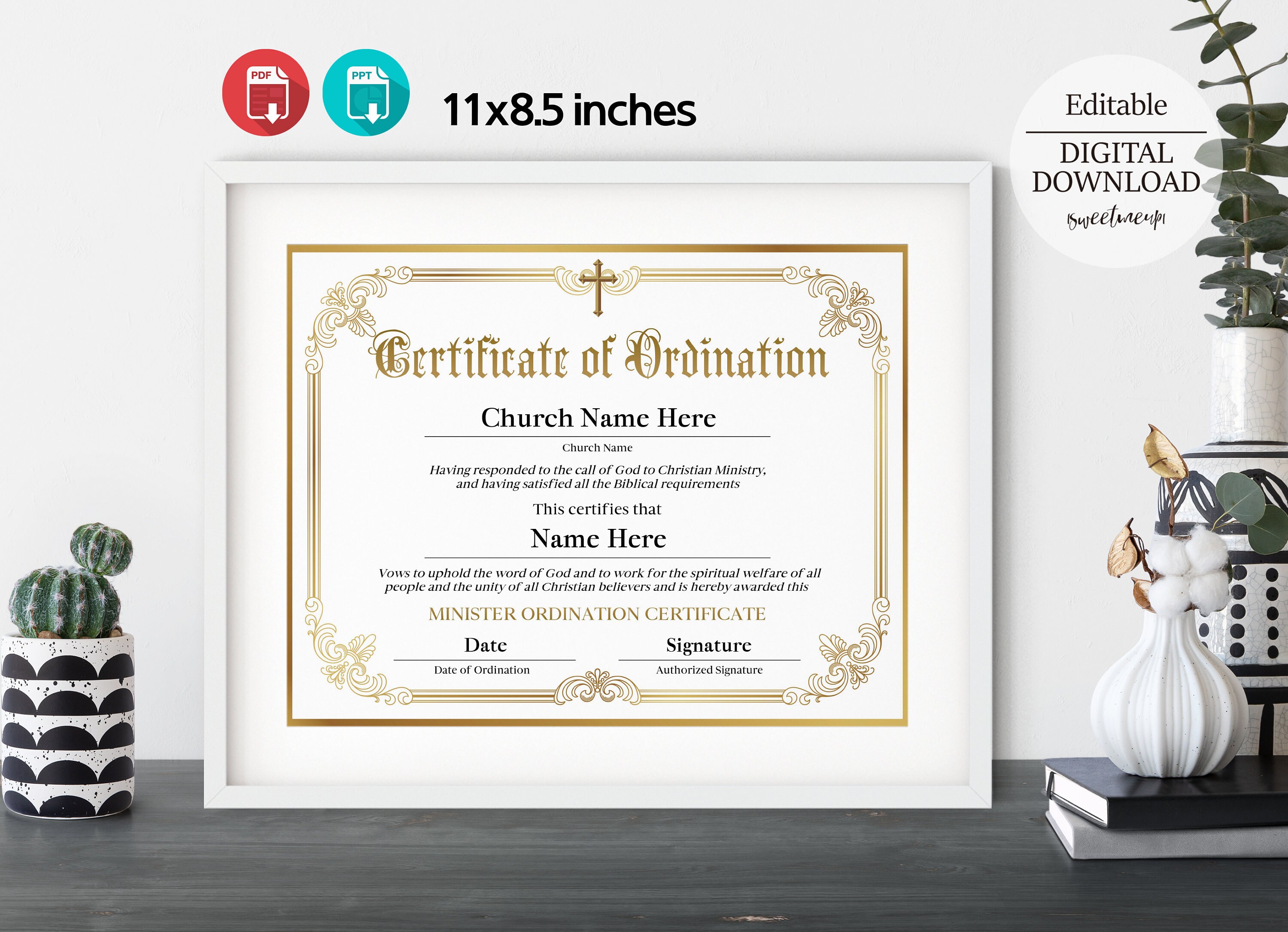 11x8.5 Certificate of Ordination Minister, Ministry Certificate, Printable Editable Ordained ...