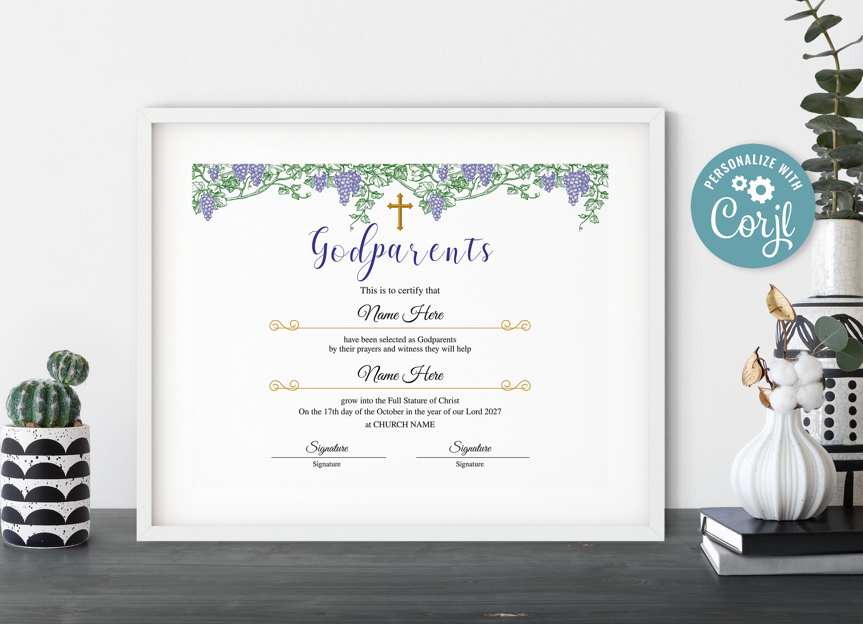 Green Godparents Certificate, Printable Editable Godparents Certificate ...