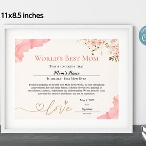 Editable Best Mom Certificate, Best Mom Mother's Day Award Certificate ...