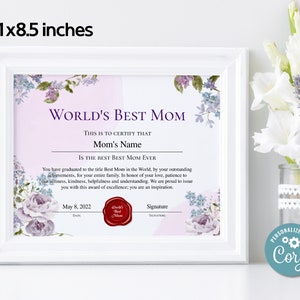 Best Mom Mother's Day Award Certificate Template, Personalized Gift for ...