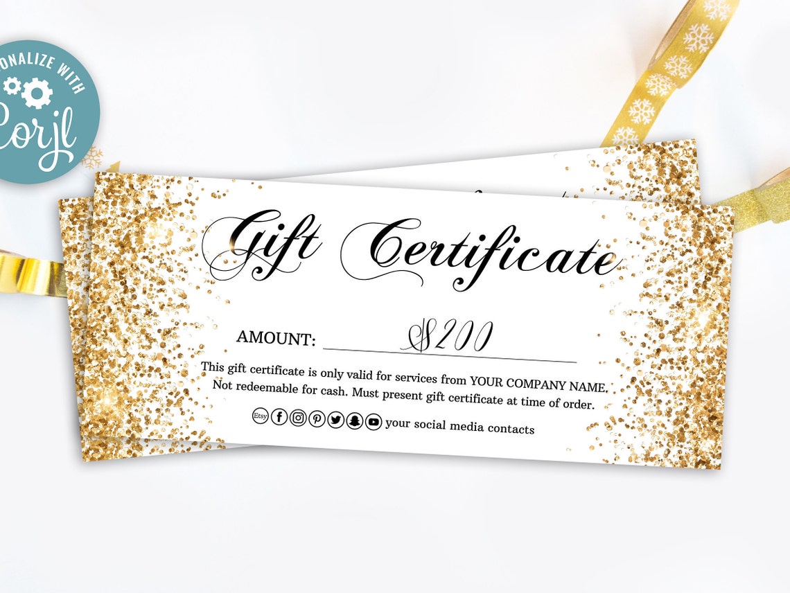 Gold Glitter Gift Certificate Template, Holiday Printable Gift Voucher ...