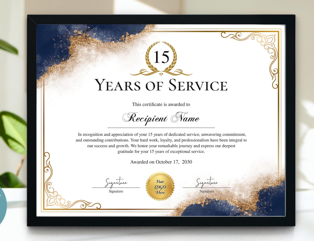 15 Years of Service Anniversary Award, Employee Recognition Editable ...