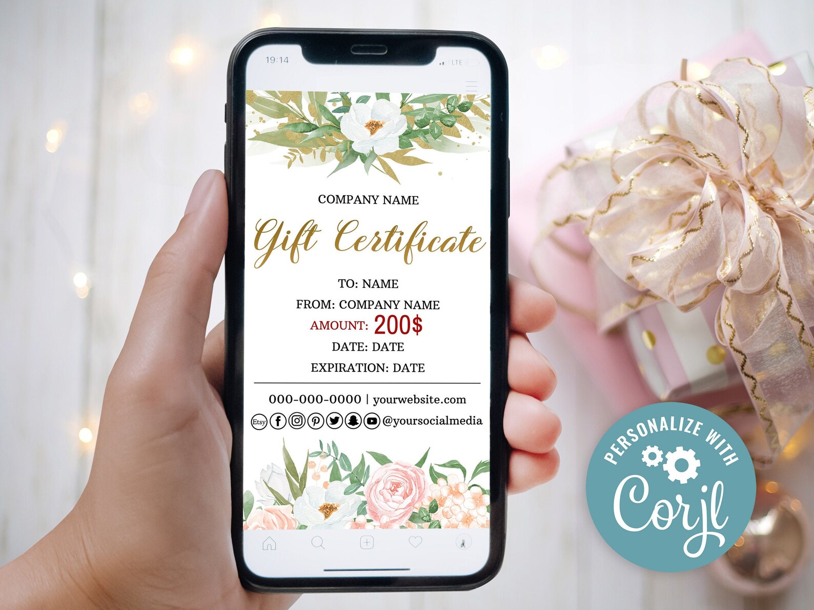 Mobile Gift Certificate Template Gold Floral E-gift Voucher - Etsy