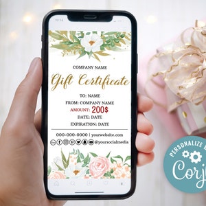 Mobile Gift Certificate Template, Gold Floral E-gift Voucher, Holiday ...