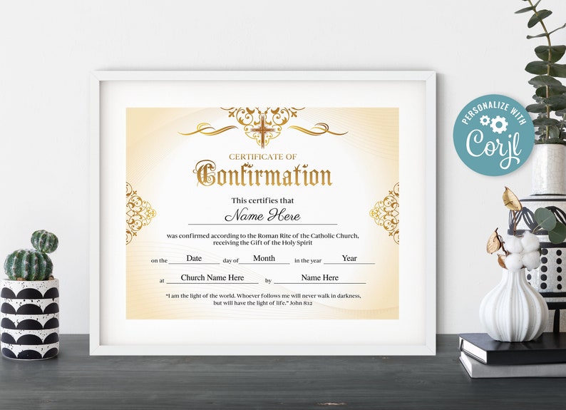 11x8.5 Gold Certificate of Confirmation, Printable Confirmation ...