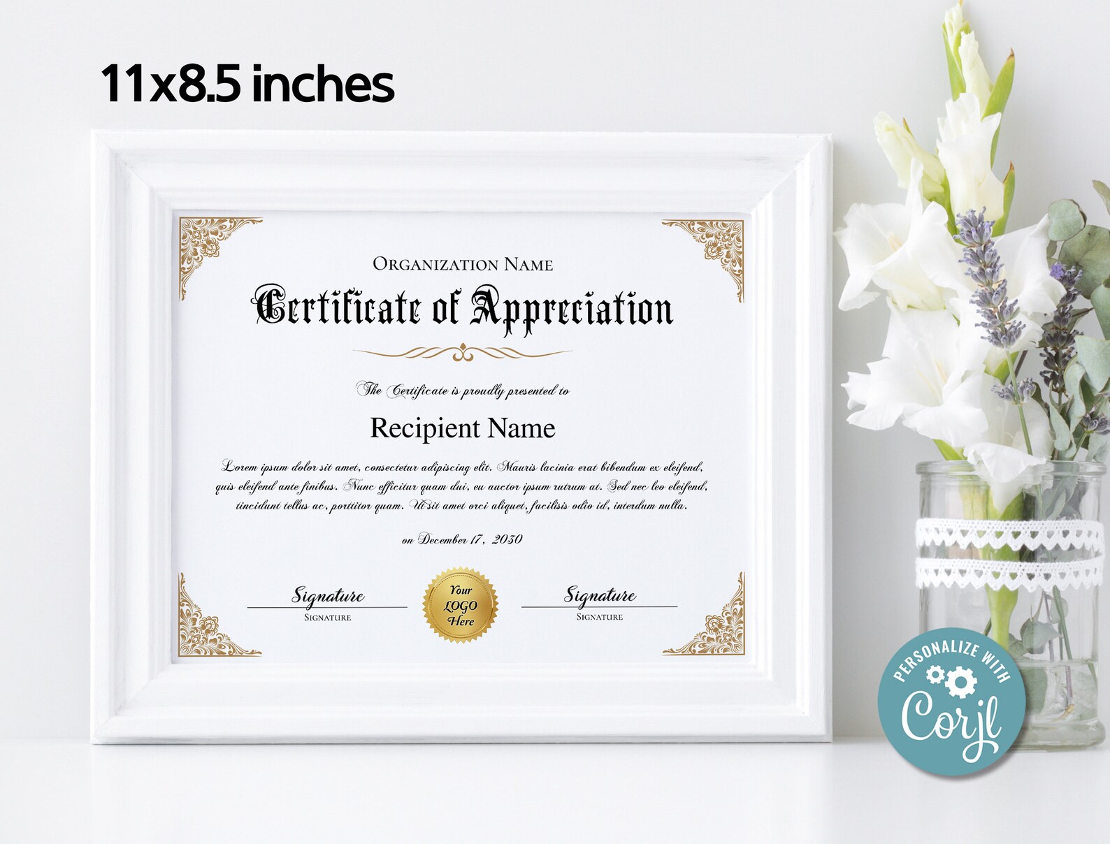 Elegant Gold Certificate of Appreciation, Printable 11x8.5 Appreciation ...