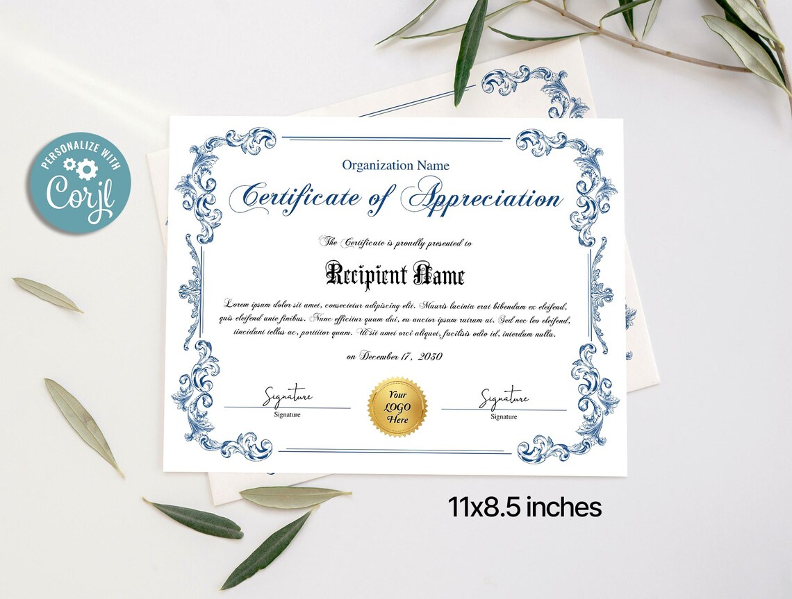 11x8.5 Appreciation Certificate Template, Blue Certificate of ...