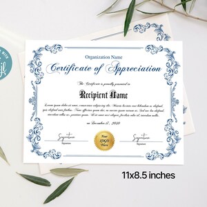 11x8.5 Appreciation Certificate Template, Blue Certificate of ...
