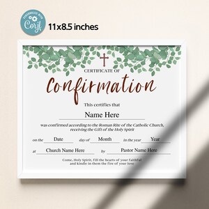 Confirmation Certificate, 11x8.5 Catholic Confirmation Certificate ...