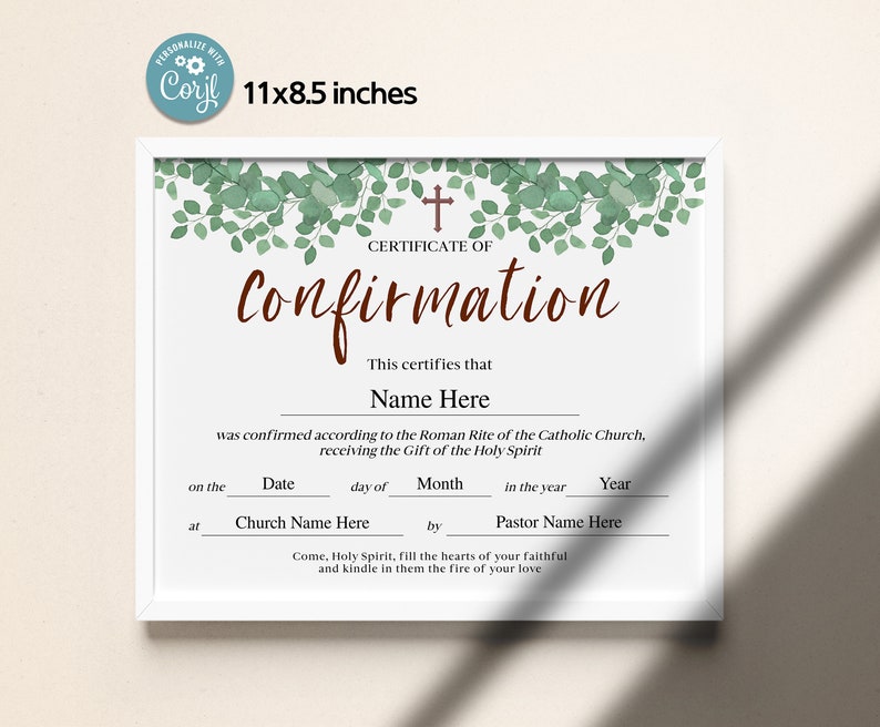 Confirmation Certificate, 11x8.5 Catholic Confirmation Certificate, Church Certificate ...