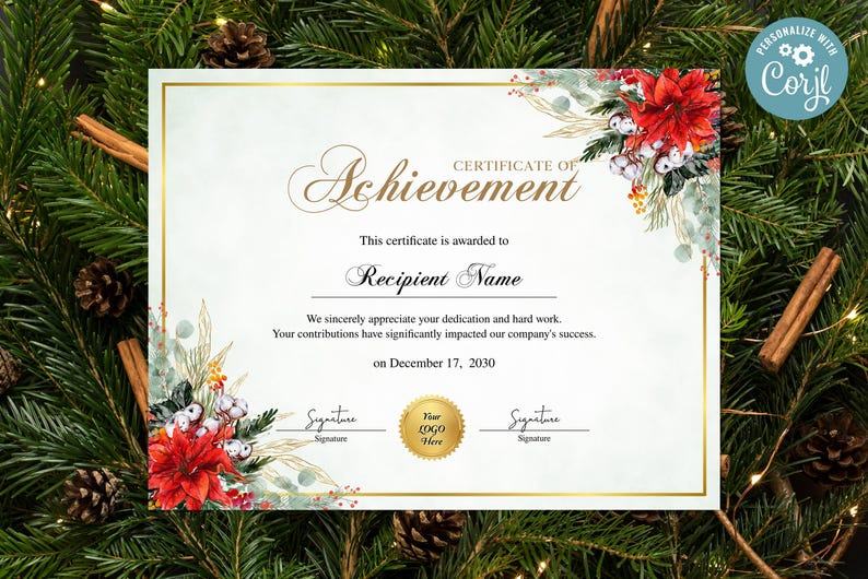 Christmas Certificate of Achievement Template, Holiday Christmas Award ...