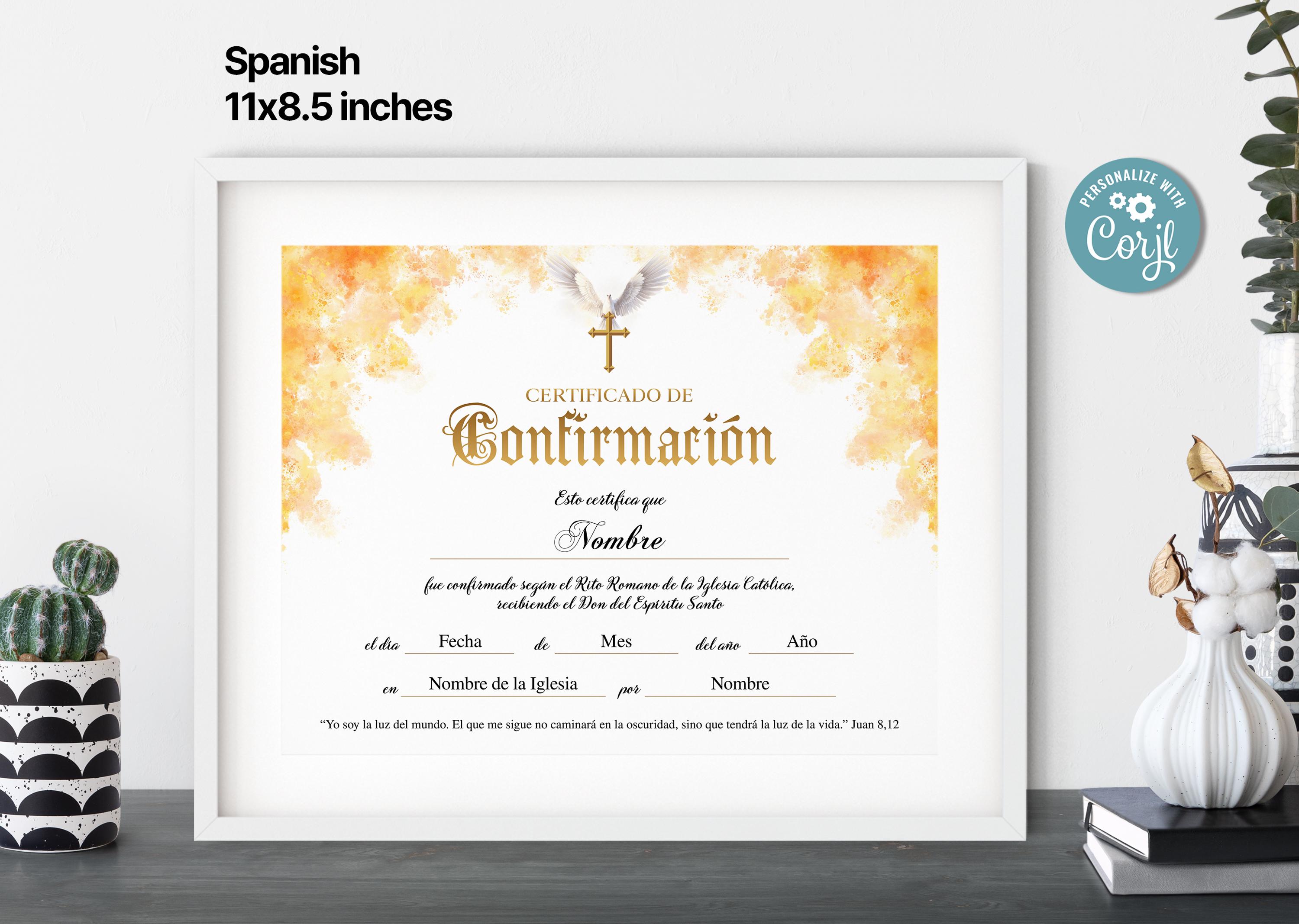 Spanish Confirmation Certificate, Certificado De Confirmación Católica ...
