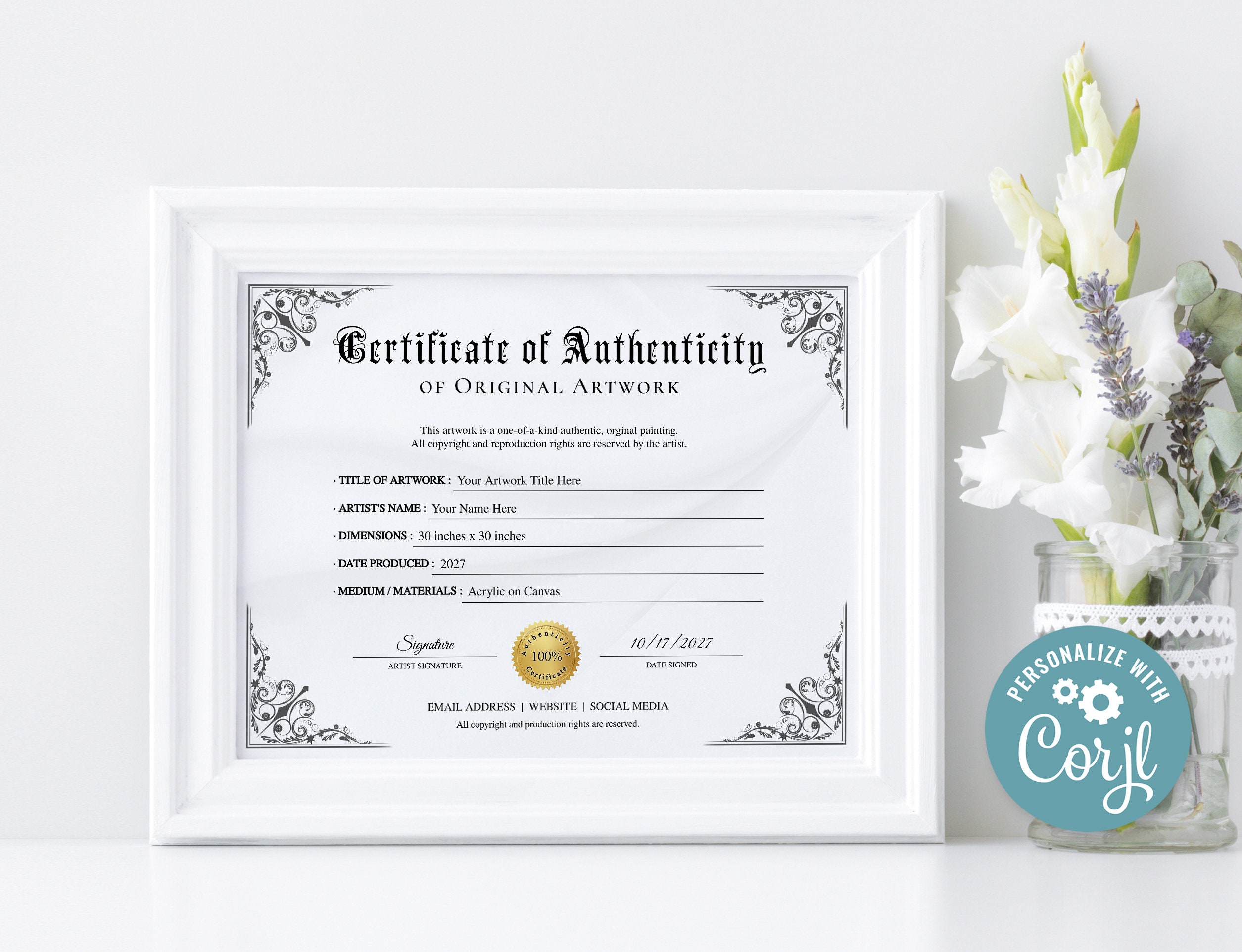 Printable Certificate of Authenticity Template, Editable Certificate of ...