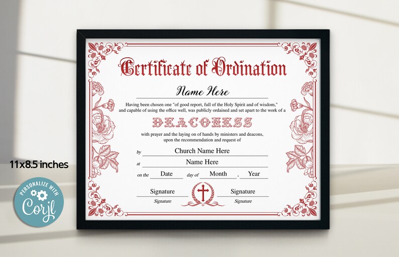 Deaconess Ordination Certificate Template, 11x8.5 Certificate of ...