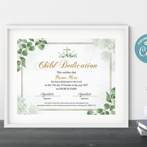 Baby Child Dedication Certificate, 11x8.5 Editable Printable Child ...